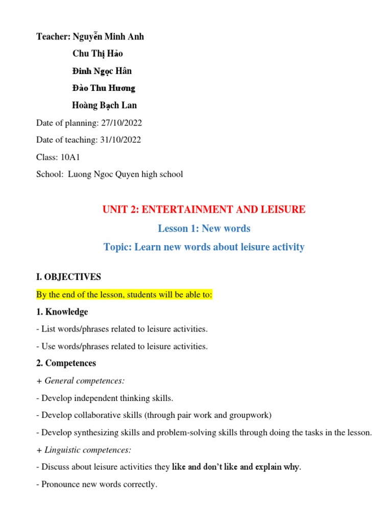 Leisure Activities Vocabulary Lesson | PDF | Vocabulary | Human ...