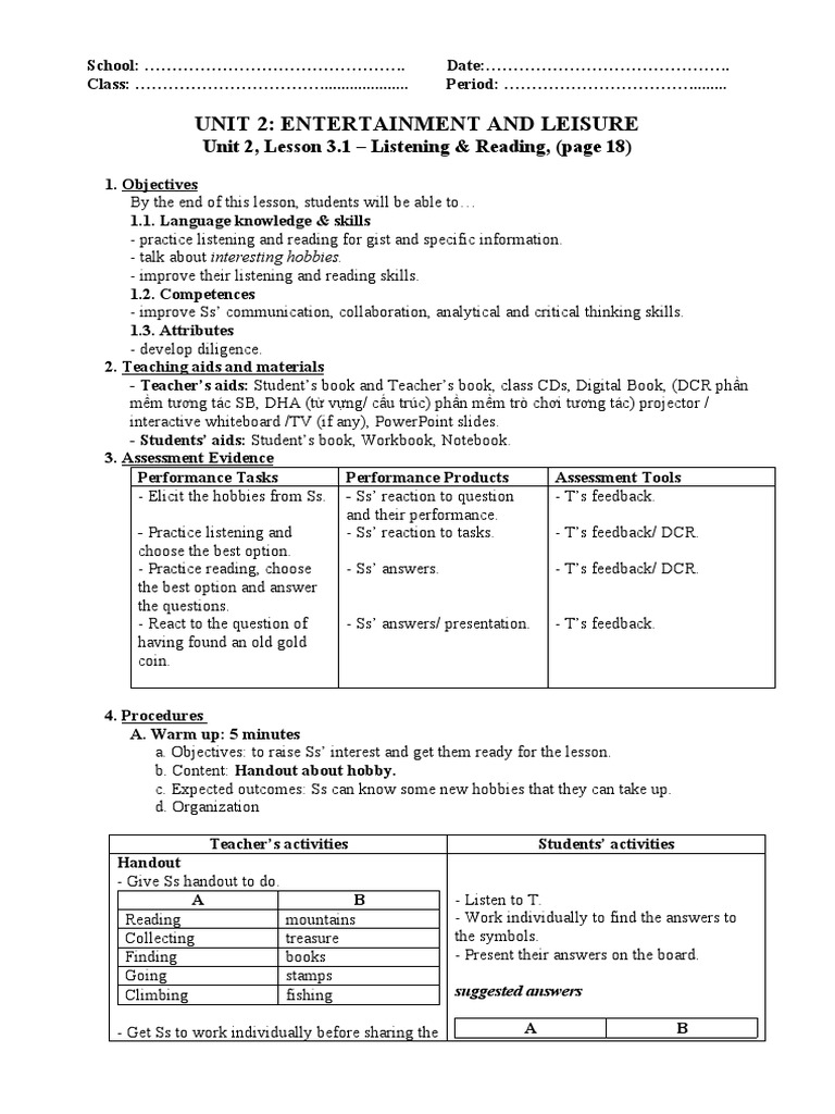 Unit 2, Lesson 3.1 - Listening & Reading | PDF | Teachers | Hobbies