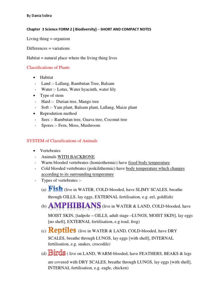 Form 2 Science Chapter 3 Biodiversity (COMPACT AND SHORT NOTES) - VERY ...
