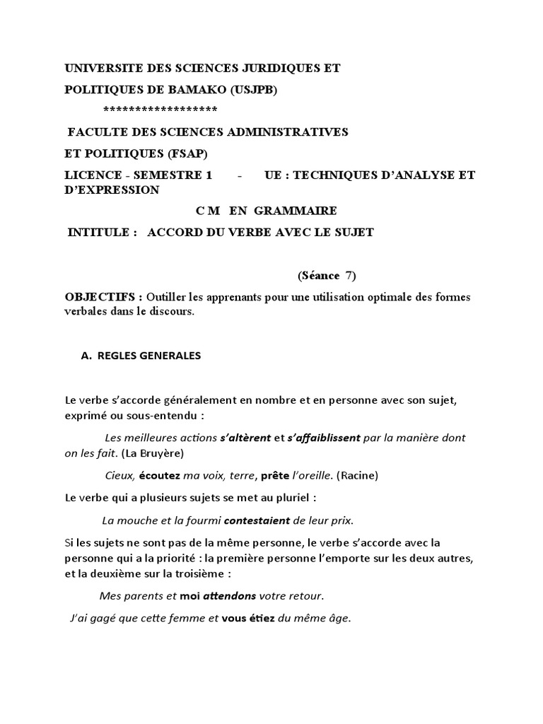 Accord Du Verbe Avec Le Sujet Séance 7 | PDF | Nombre grammatical | Verbe