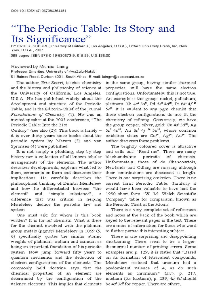 The Periodic Table Its Story and Its Significance | PDF | Periodic ...