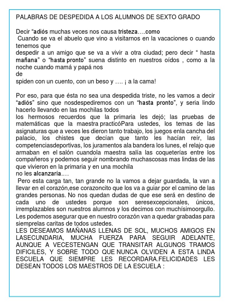 Palabras de Despedida A Los Alumnos de Sexto | PDF | Educación primaria