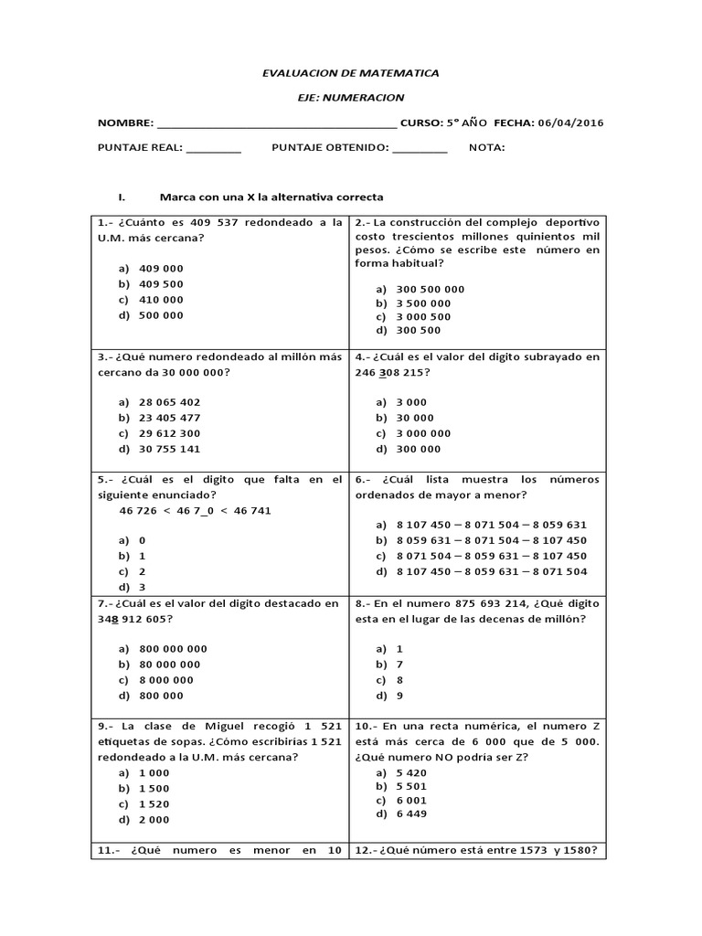 Evaluacion 1 quinto basico matematica | PDF