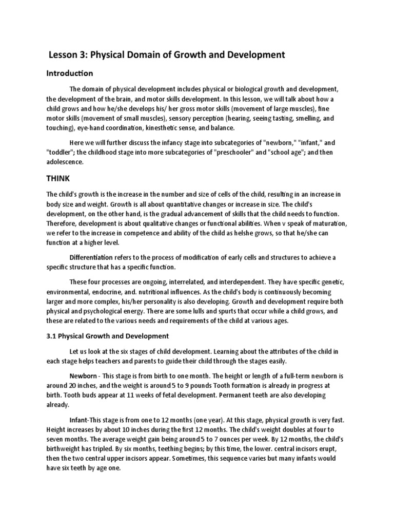 Lesson 3 - Physical Domain of Growth and Development | PDF ...