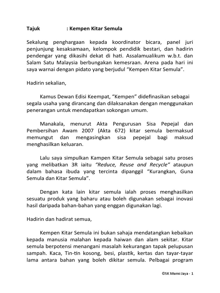 Teks Pidato Kempen Kitar Semula | PDF