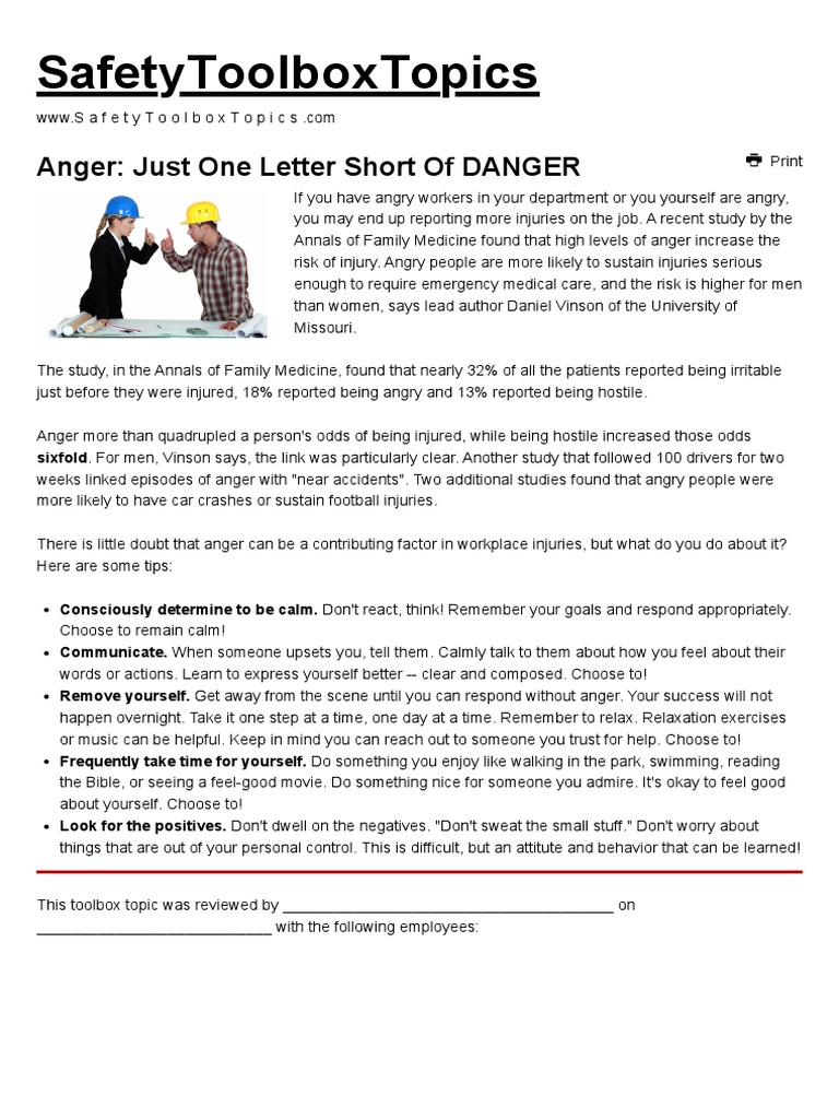 Anger - Just One Letter Short of DANGER - Safety Toolbox Talks Meeting ...