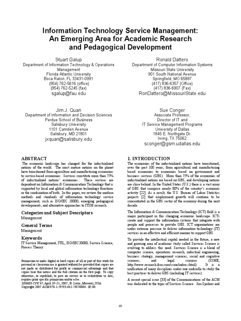 Information Technology Service Management: An Emerging Area For ...