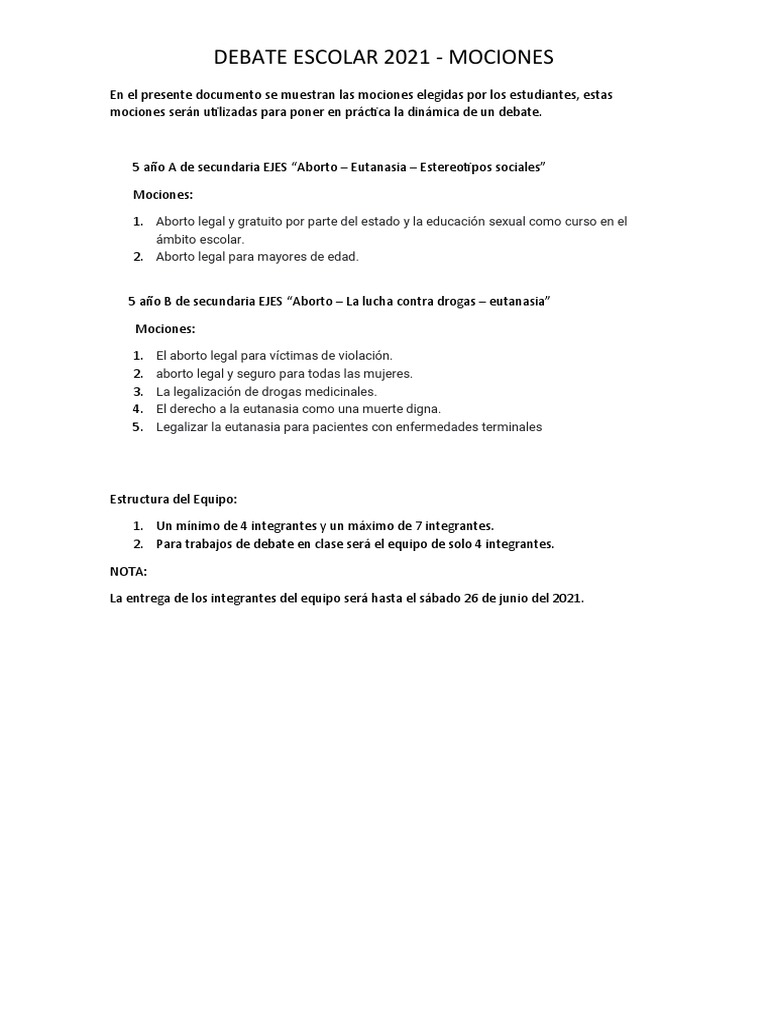 Debate Escolar 2021 - Mociones | PDF