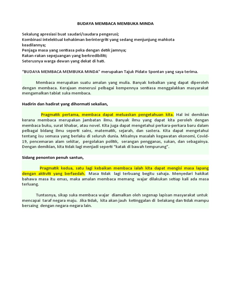 Teks Pidato Spontan Budaya Membaca Membuka Minda | PDF | Ilmu Sosial