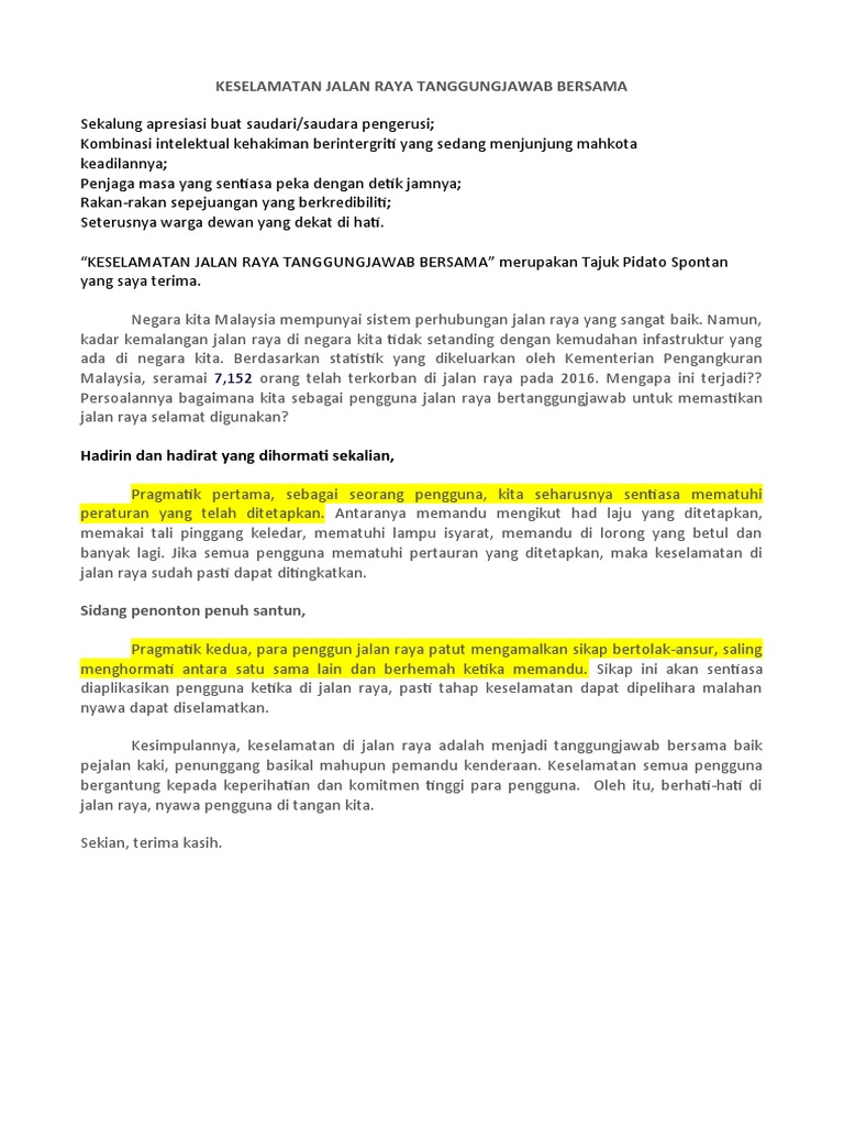 Teks Pidato Spontan Keselamatan Jalan Raya Tanggungjawab Bersama | PDF