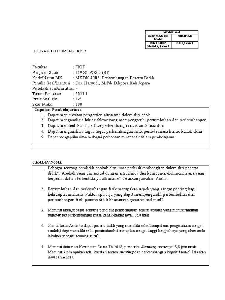 Tugas Tutorial MKDK 4002: Perkembangan Anak | PDF | Karier ...