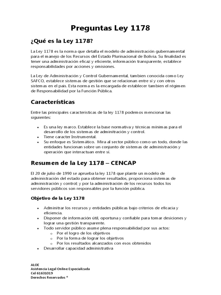 Preguntas y Respuestas Ley 1178 | Descargar gratis PDF | Ministerio ...