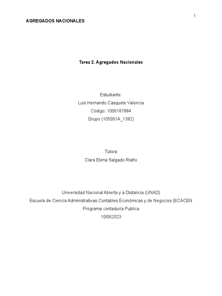 Tarea 2 Agregados Nacionales (Unad) Luid Hernando Casquete Valencia | PDF | Inflación | Mercado ...