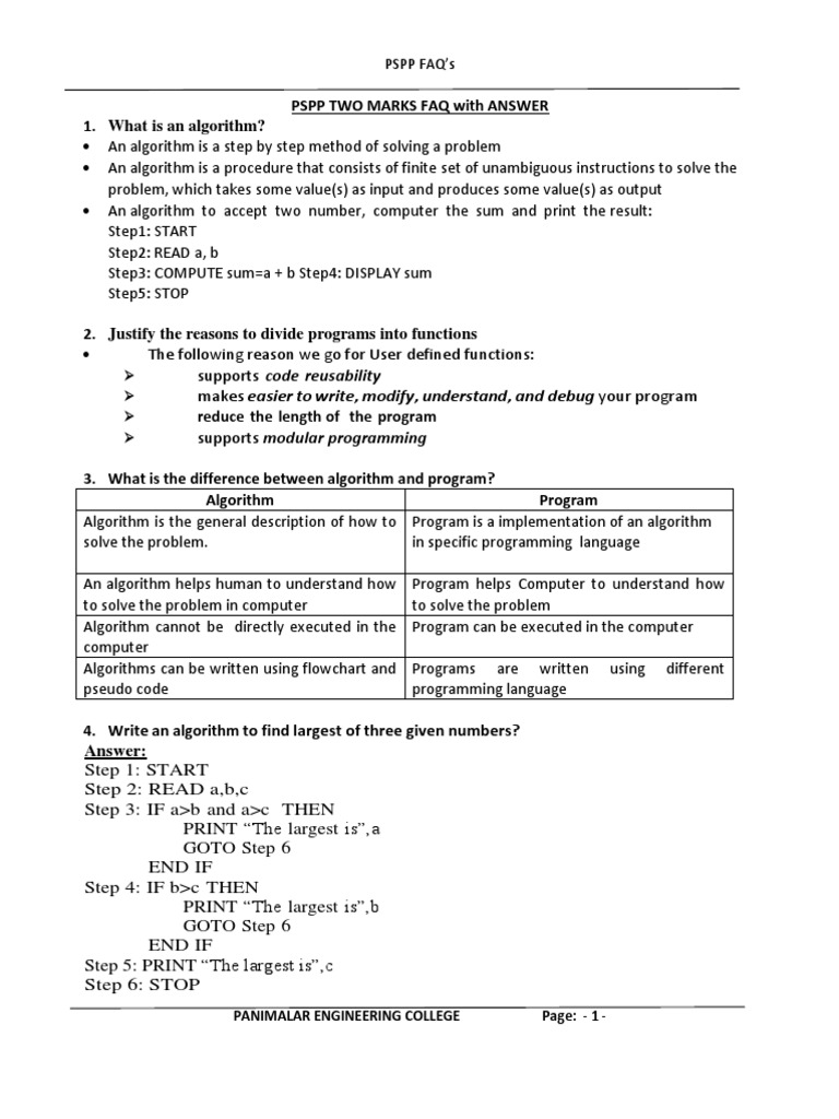 PSPP Two Marks Faq-First-Two-Units-2022 | PDF | Algorithms | Control Flow