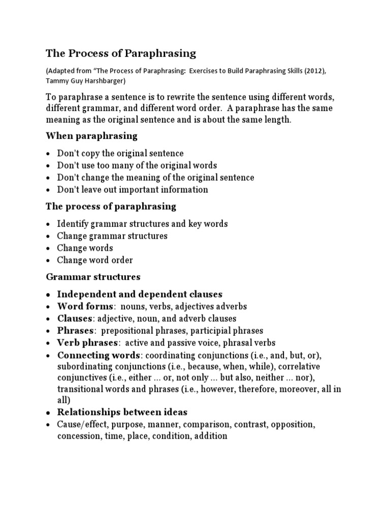 The Process of Paraphrasing - Student | Download Free PDF | Phrase | Adverb