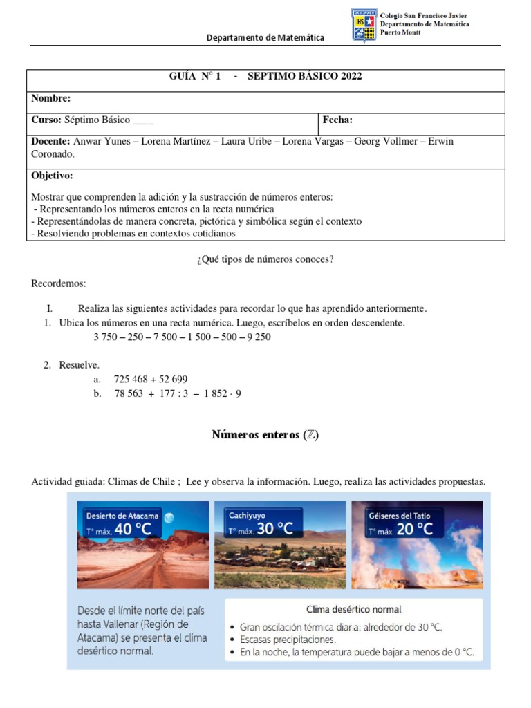 Guía #1 Enteros Septimo 2022 | PDF | Números | Entero