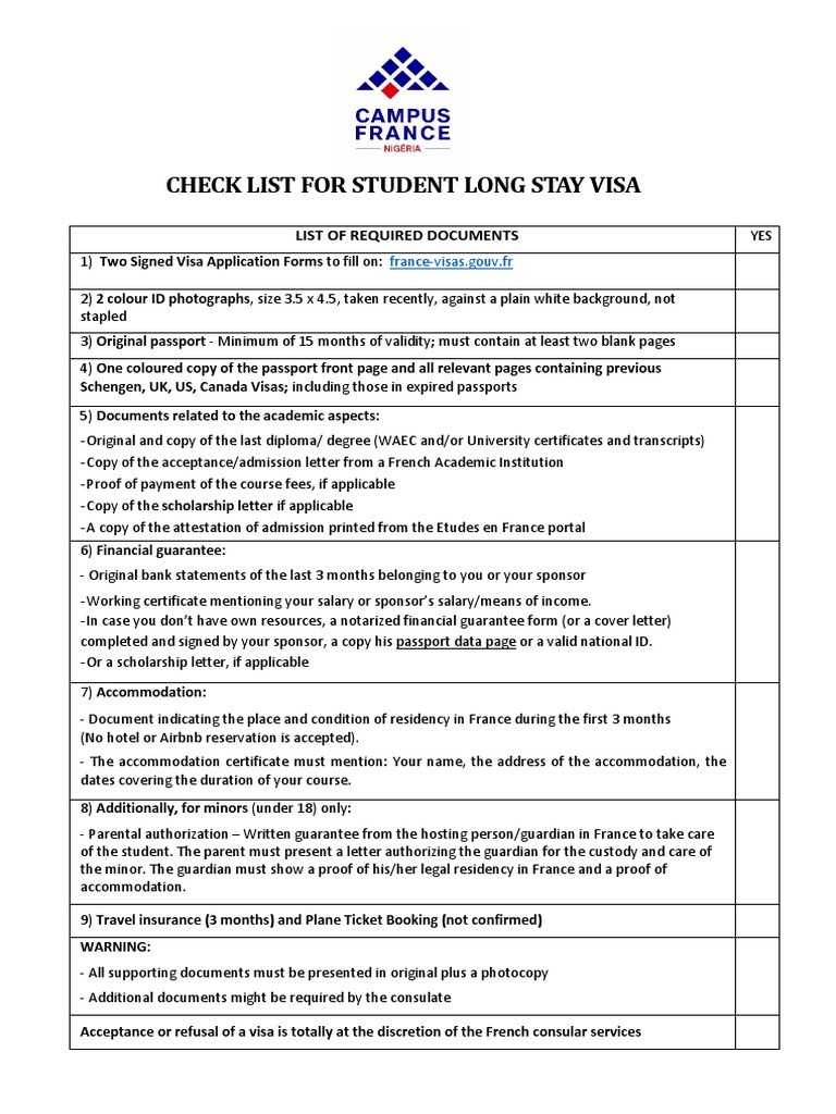 France Student Visa Document Checklist | PDF | Law