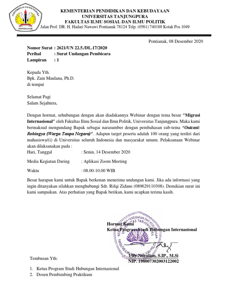 Surat Undangan Pemateri Webinar Univ Tanjungpura | PDF