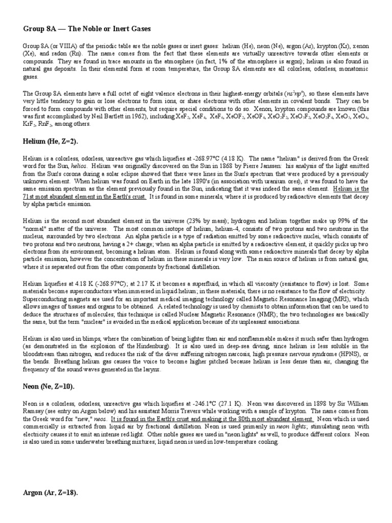 Group 8A Noble Gases | PDF | Argon | Helium