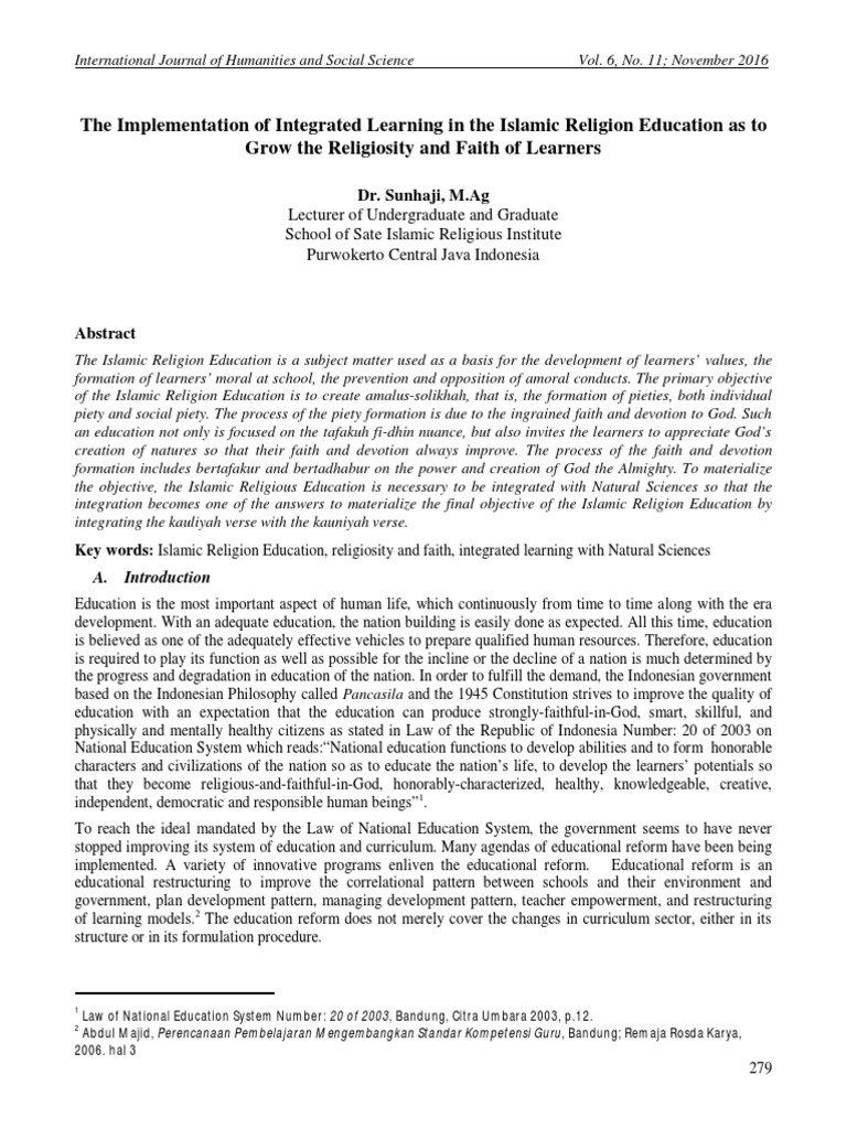 The Implementation of Integrated Learning in The Islamic Religion Education As To Grow The ...