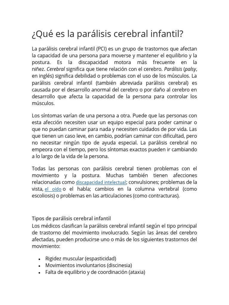 Qué Es La Parálisis Cerebral Infantil | PDF | Parálisis cerebral | Cerebro