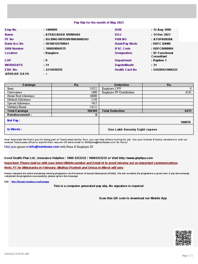 1409695_Payslip_ May23_ A_Srinivas | PDF