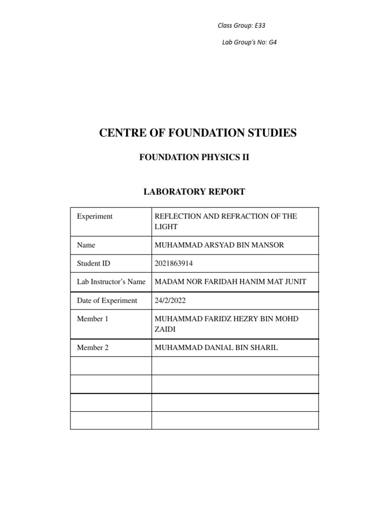 Lab Report Phy098 - E33 - Group 4 | PDF | Reflection (Physics) | Refraction
