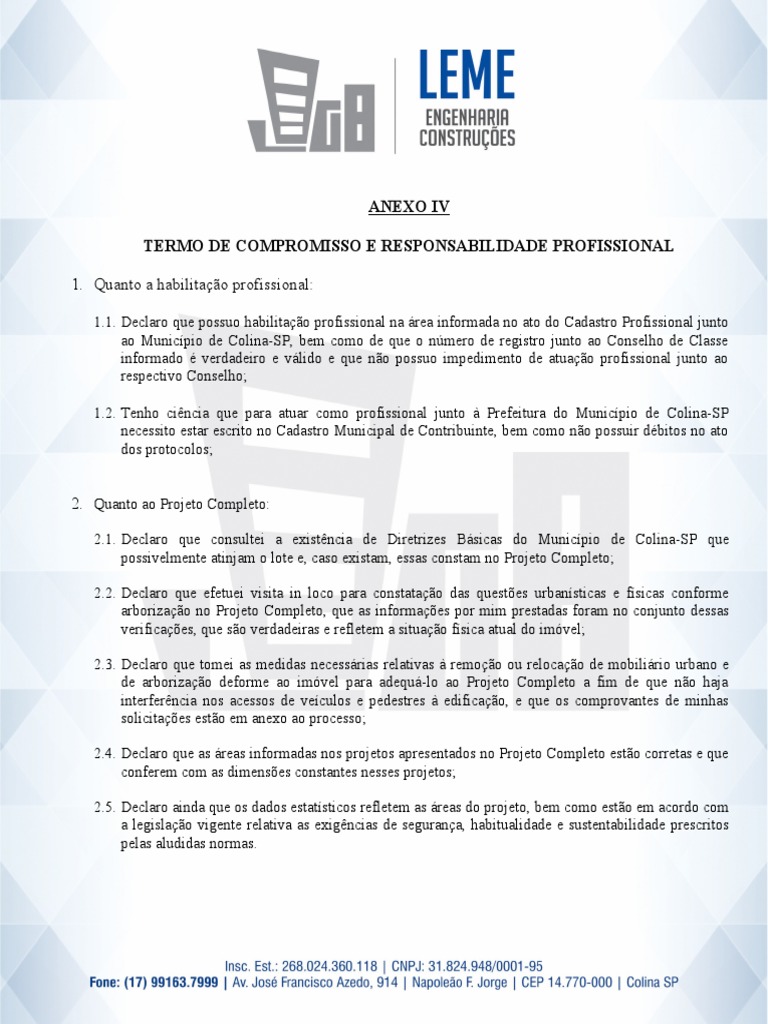 TERMO DE COMPROMISSO E RESPONSABILIDADE PROFISSIONAL | PDF