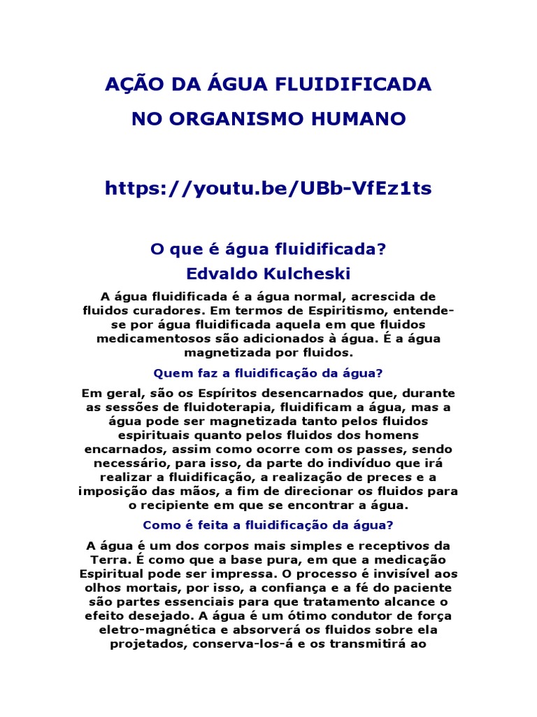 Ação Da Água Fluidificada | PDF | Magnetismo | Corpo humano