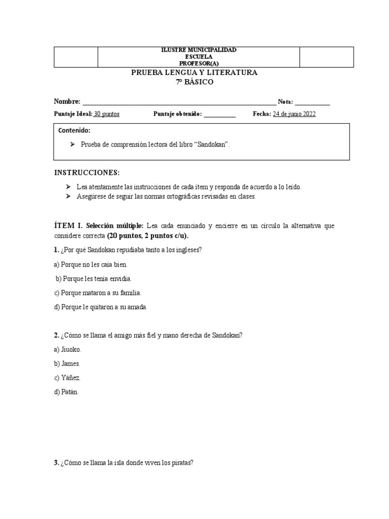 Prueba Comprensión Lectora Sandokan | PDF