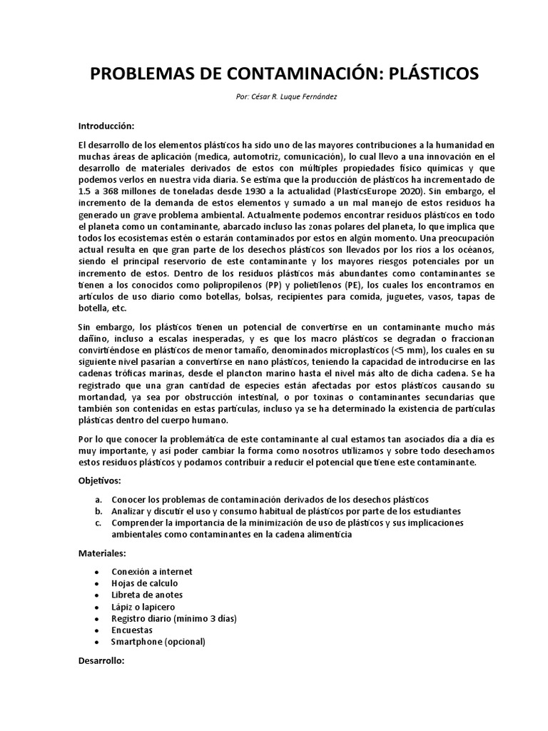 Práctica de Contaminación de Plasticos | PDF | El plastico | Contaminación