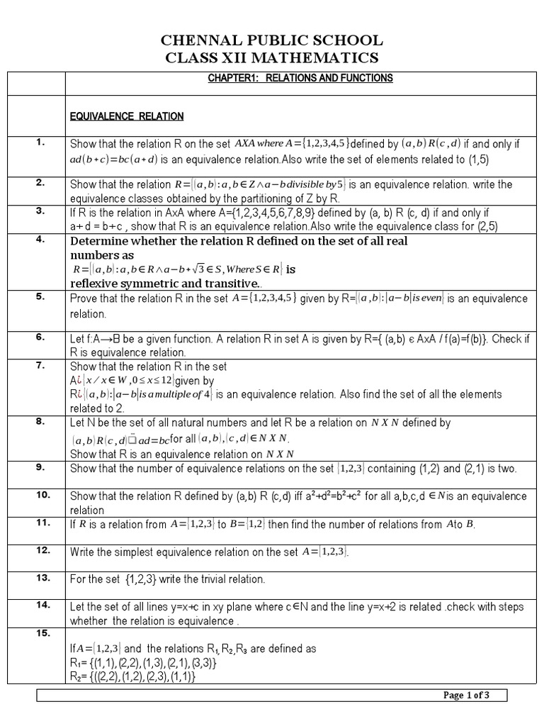 Chennal Public School Class Xii Mathematics: Chapter1: Relations and Functions Equivalence ...