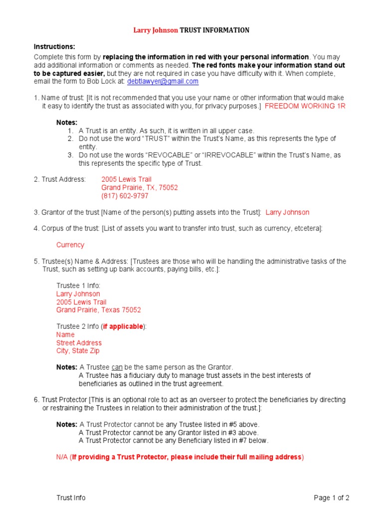 Compleated Trust Info Worksheet | PDF | Trust Law | Trustee