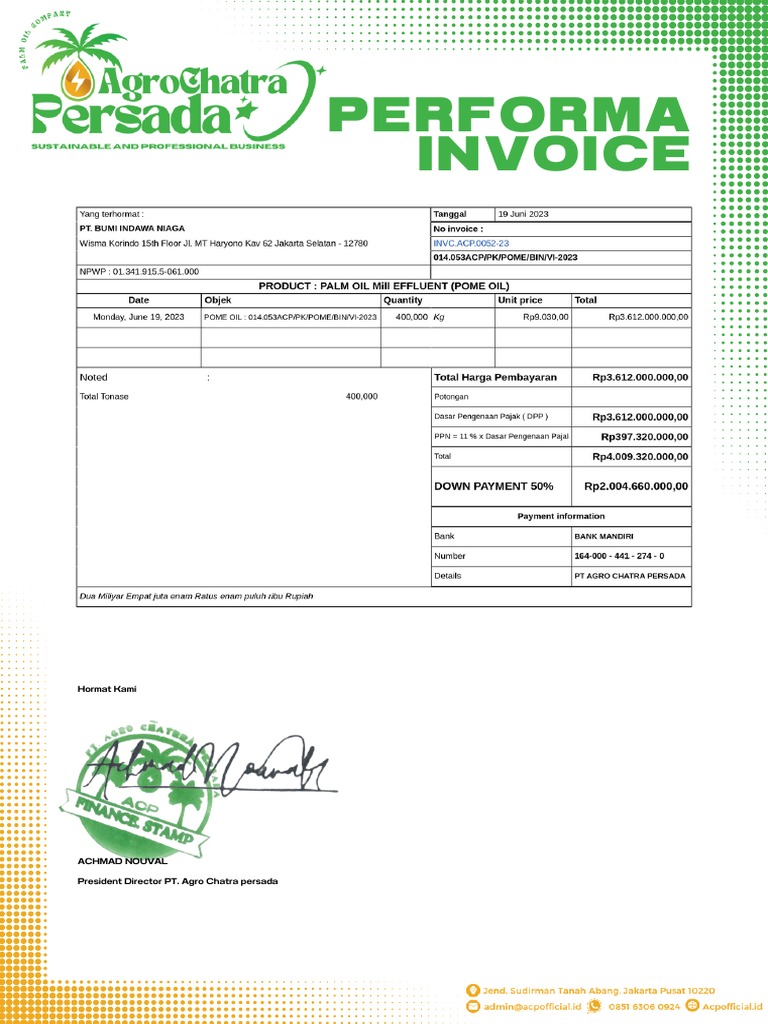 PERFORMA INVOICE 50% 400MT POME BIN ACP Rev 3 | PDF