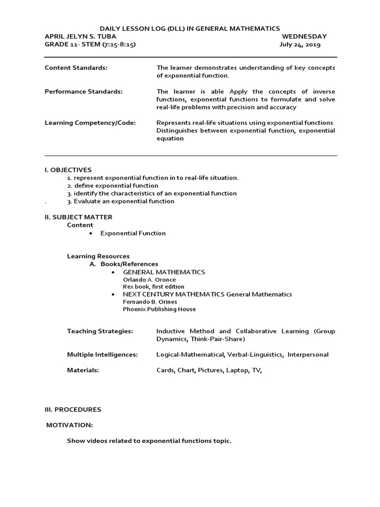 Lesson Plan 1ST | PDF | Function (Mathematics) | Exponential Function