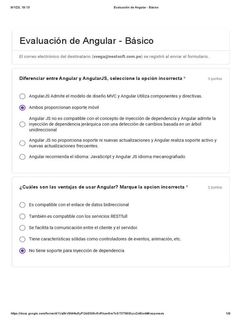 Evaluación de Angular - Básico - Formularios de Google - Respuestas | PDF | Script Java | Js angular