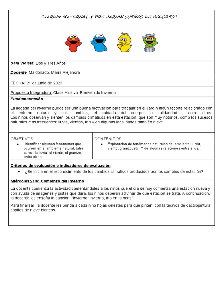 Actividad Alusiva - Bienvenido Invierno - Sala Violeta TT | PDF ...