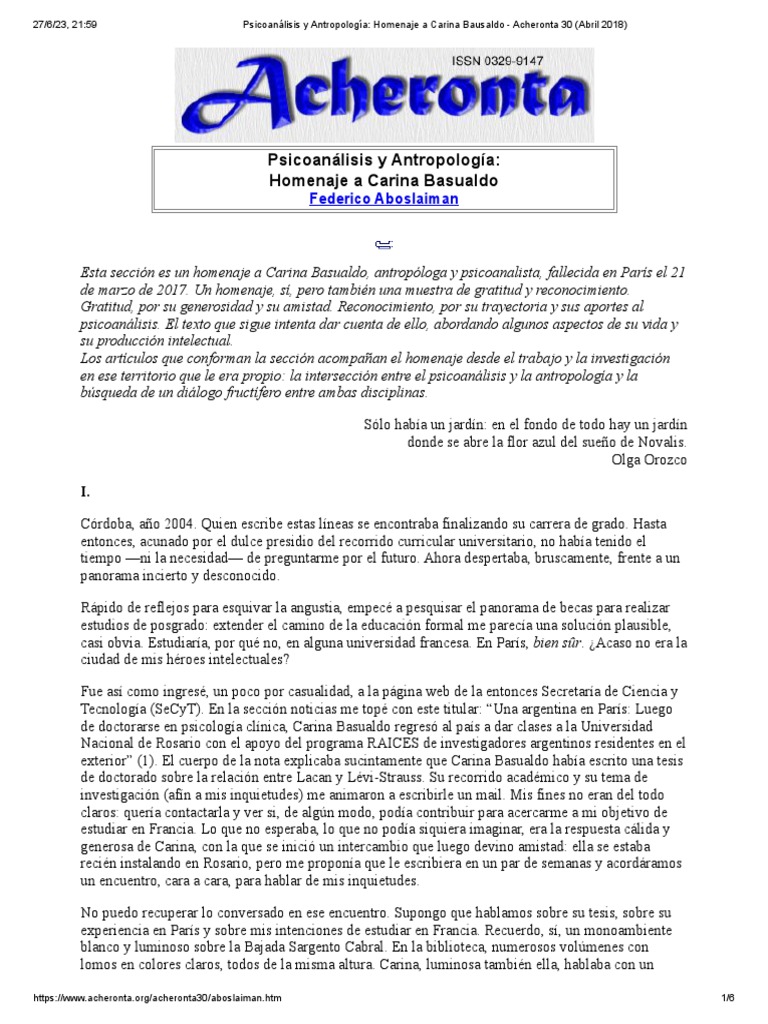 Psicoanálisis y Antropología - Homenaje A Carina Bausaldo - Acheronta ...