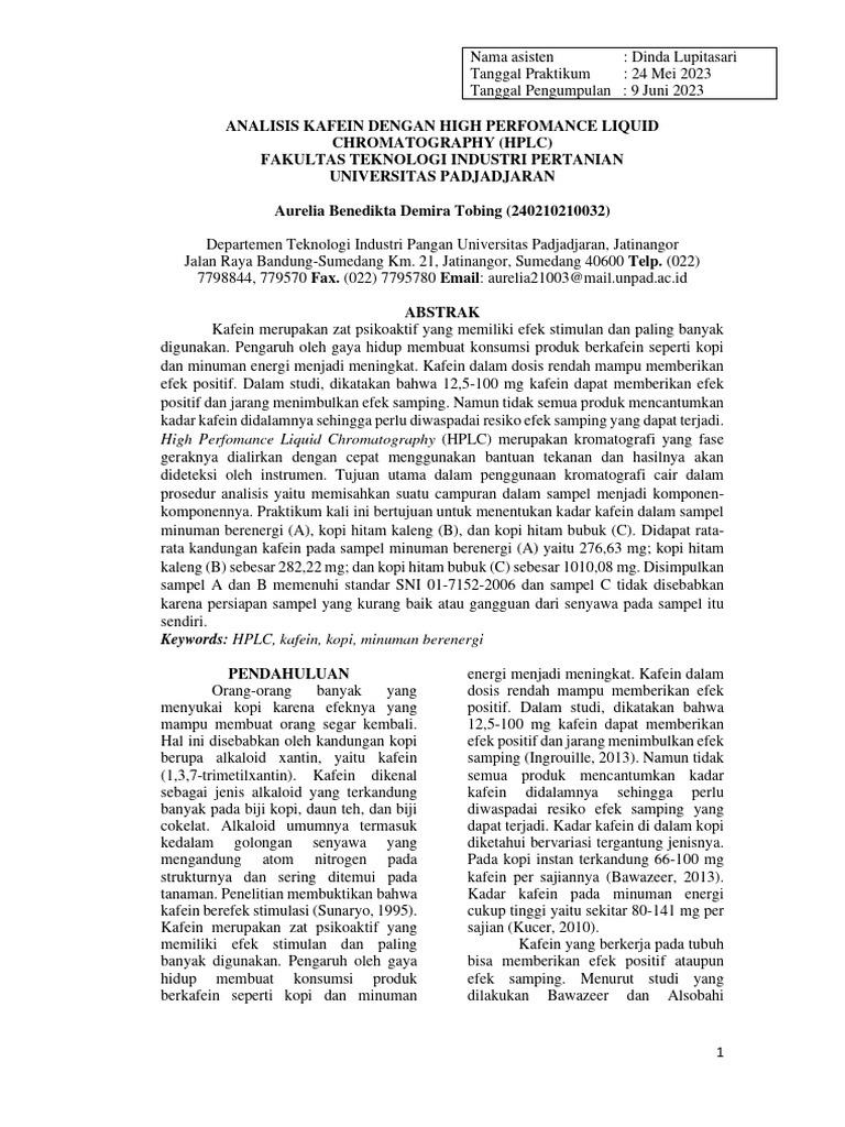 Analisis Kafein Dengan High Perfomance Liquid Chromatography (HPLC) | PDF Analisis Kafein Dengan High Perfomance Liquid Chromatography (HPLC) | PDF