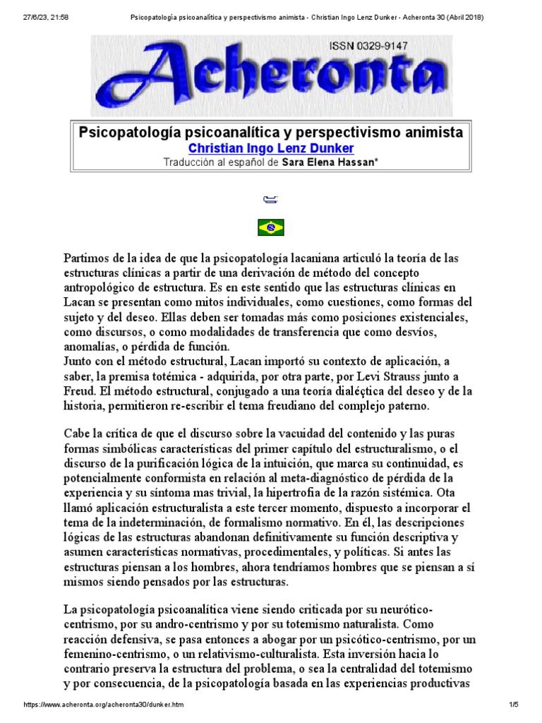 Psicopatología Psicoanalítica y Perspectivismo Animista - Christian Ingo Lenz Dunker - Acheronta ...