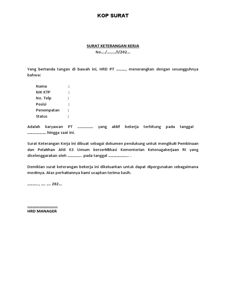 Surat Keterangan Kerja Ahli K3 | PDF