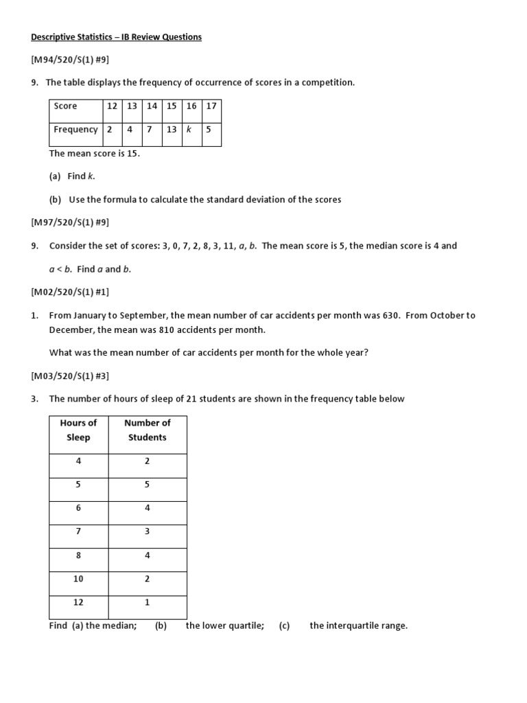 IB Descriptive Statistics Review Questions | PDF