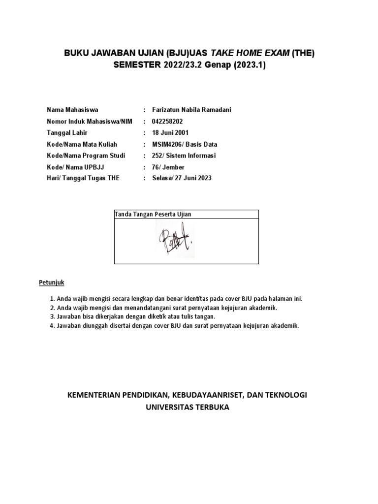 Buku Jawaban Ujian - Farizatun Nabila R (042258202) - Basis Data | PDF | Karier & Perkembangan ...