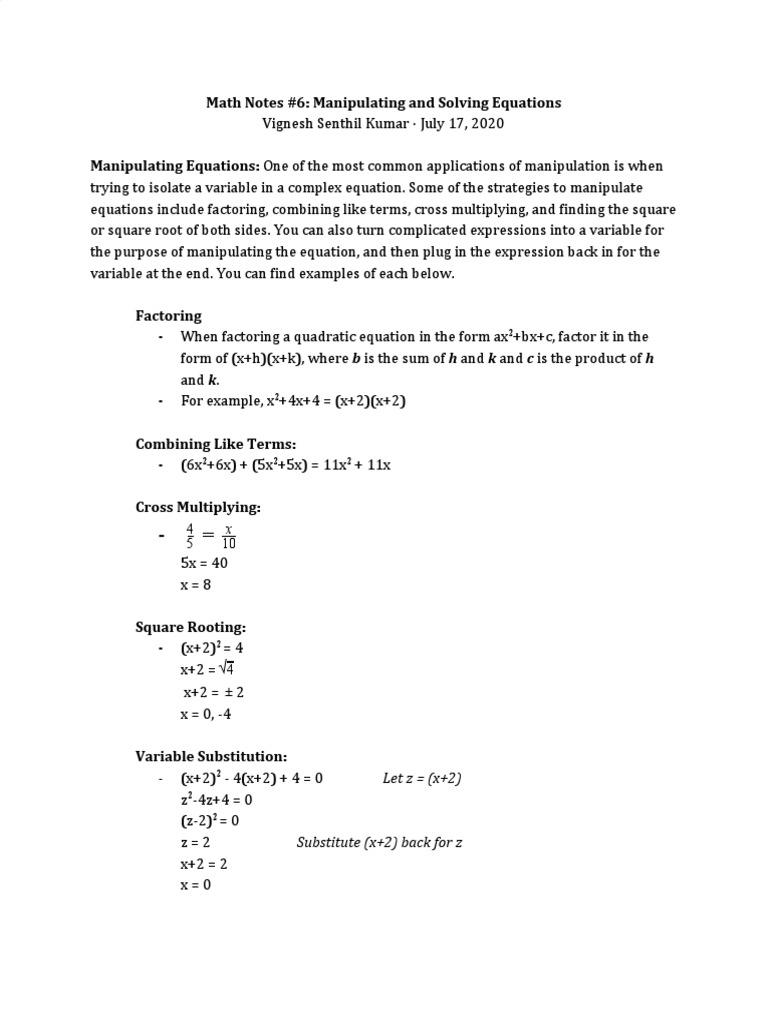 06 Manipulating and Solving Equations I & II | PDF