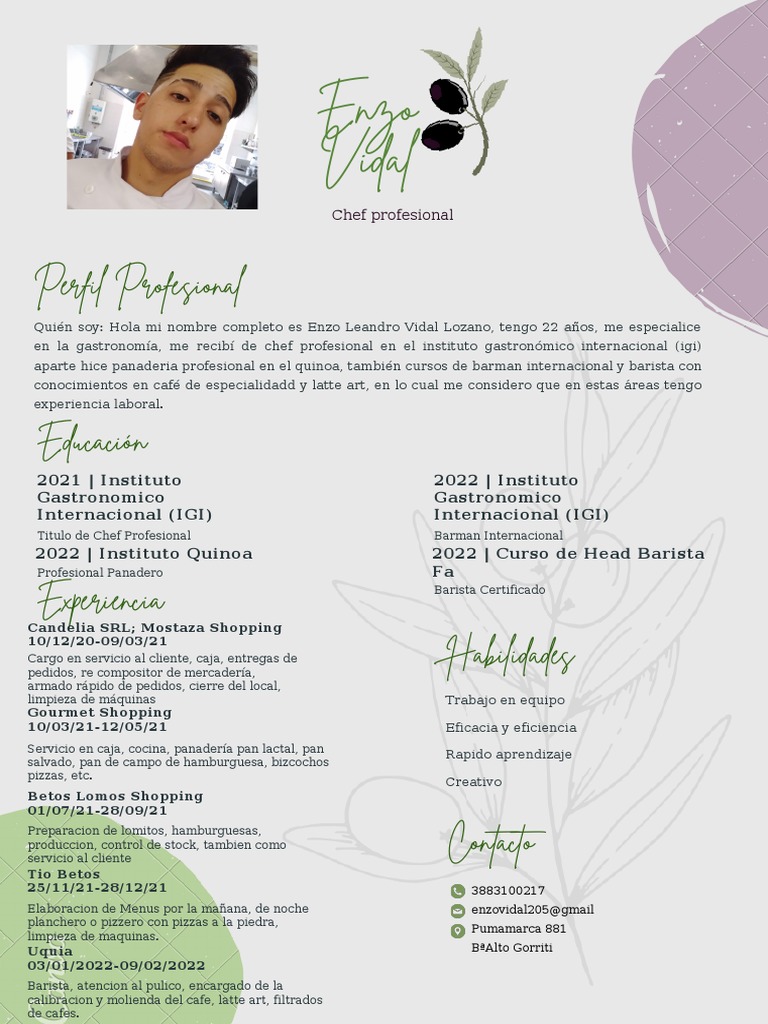 Curriculum de Chef Profesional Enzo Vidal | PDF | Cocina | Comida y bebida