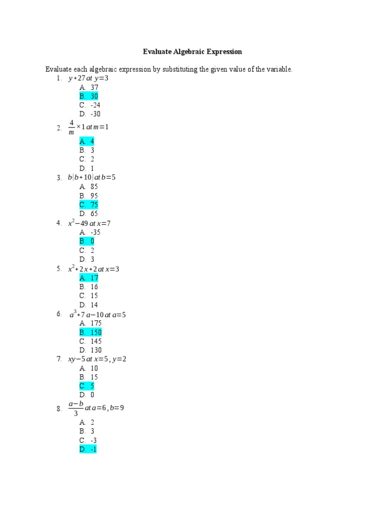 4 Corners Evaluate Algebraic Expression | PDF