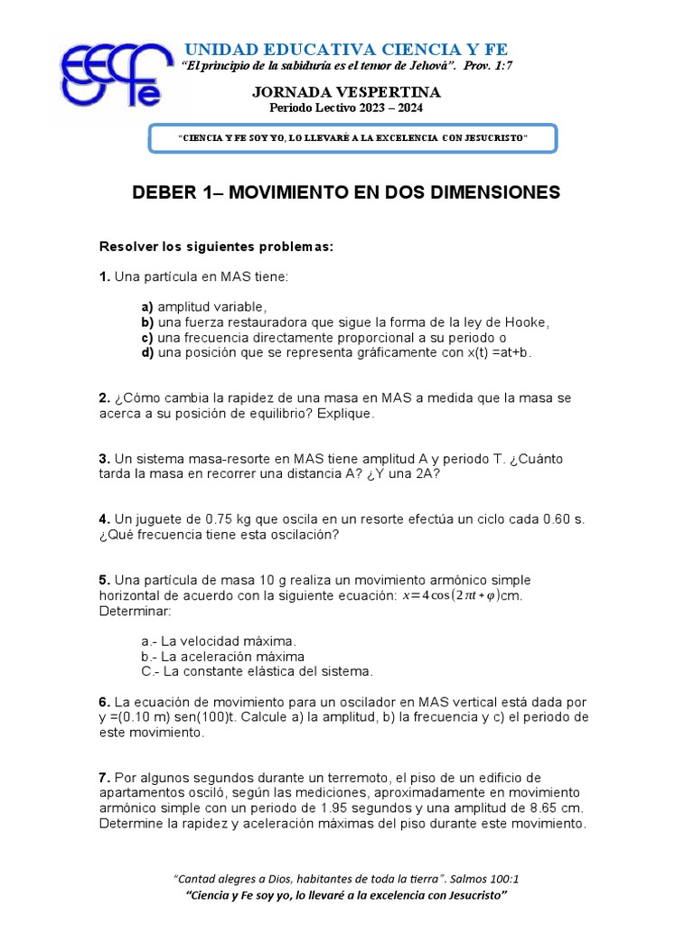 Deber 1 - Movimiento Armónico Simple | PDF | Oscilación | Masa