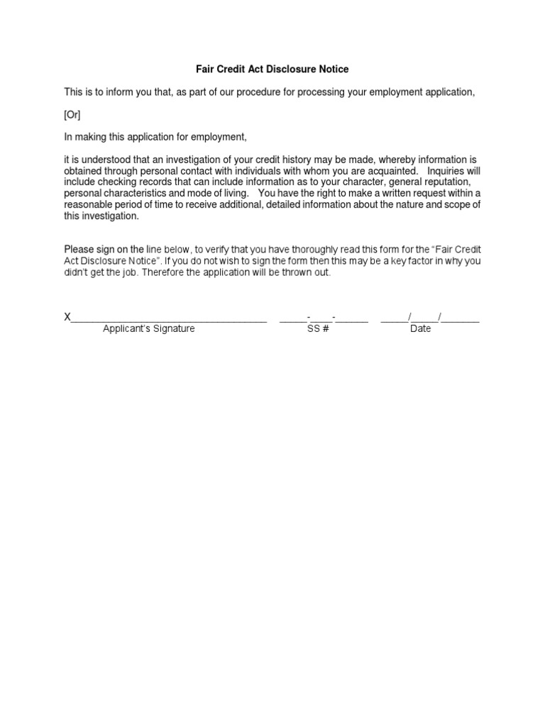 Fair Credit Act Disclosure Notice | PDF