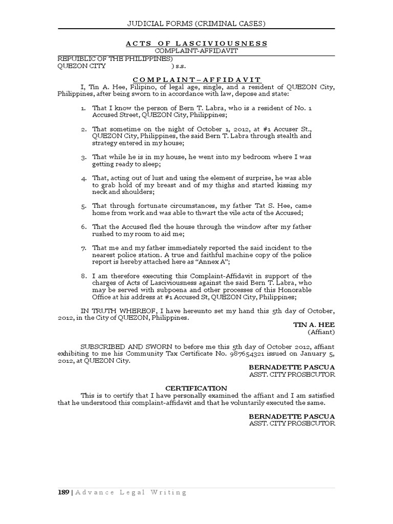Complaint-Affidavit for Acts of Lasciviousness | PDF | Affidavit | Prosecutor