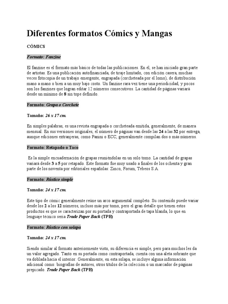 Formatos y Medidas de Cómics y Mangas | PDF | Cómics | Libro de bolsillo
